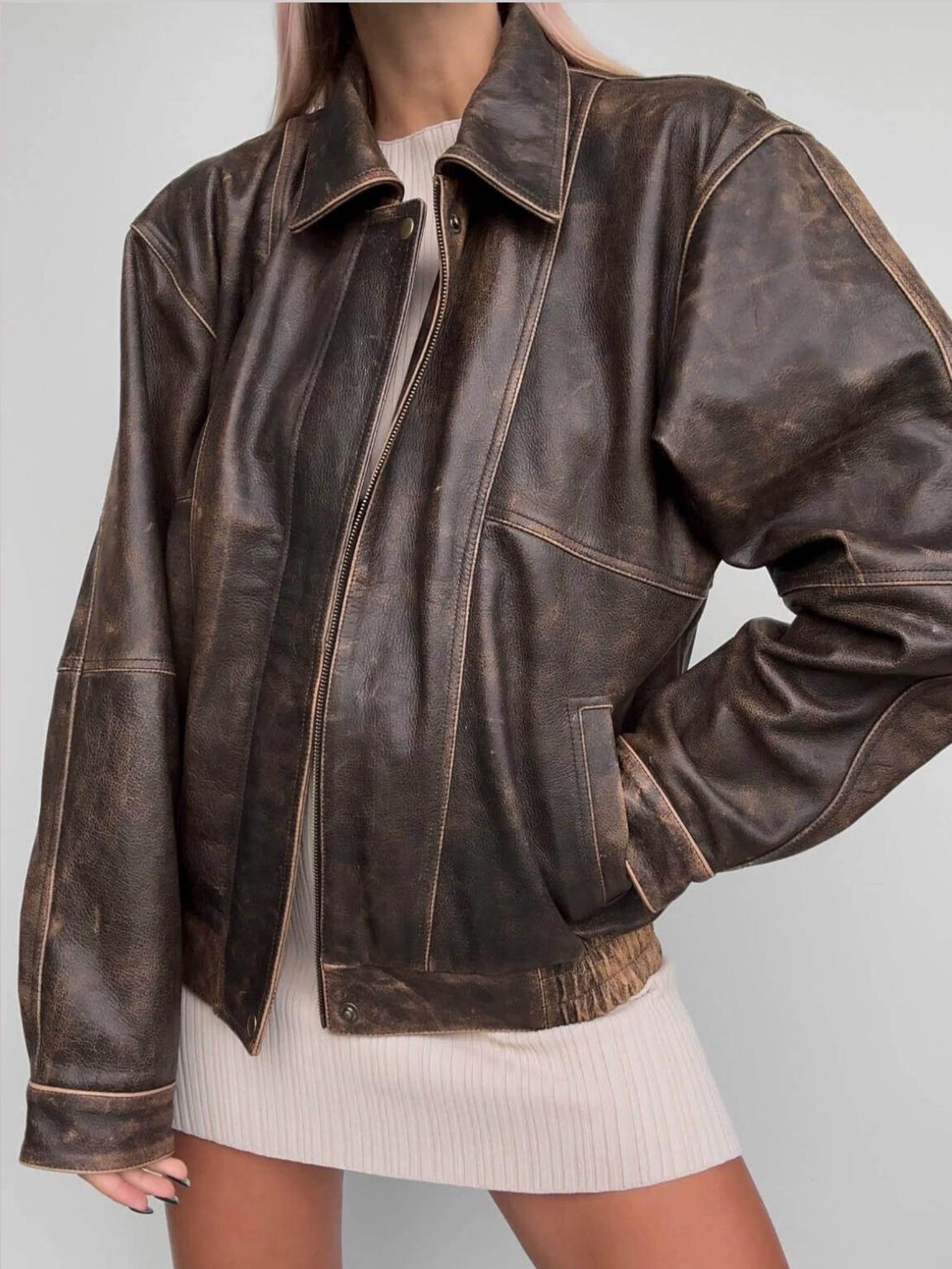 Handmade Distressed Leather Bomber Jacket: Women's Vintage Patina - Etsy