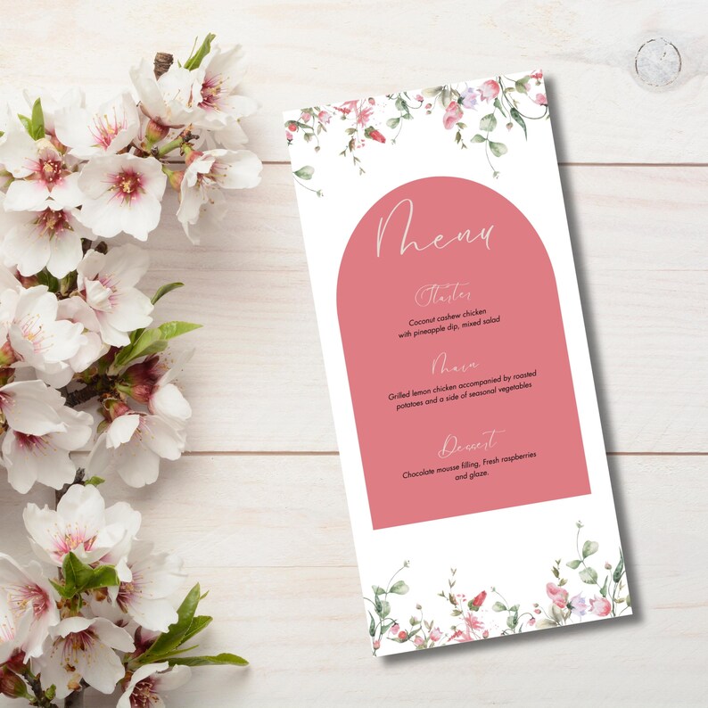 Editable Pink and Green Floral Menu for Weddings, Baby Showers, Dinner ...