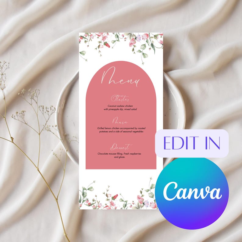 Editable Pink and Green Floral Menu for Weddings, Baby Showers, Dinner ...