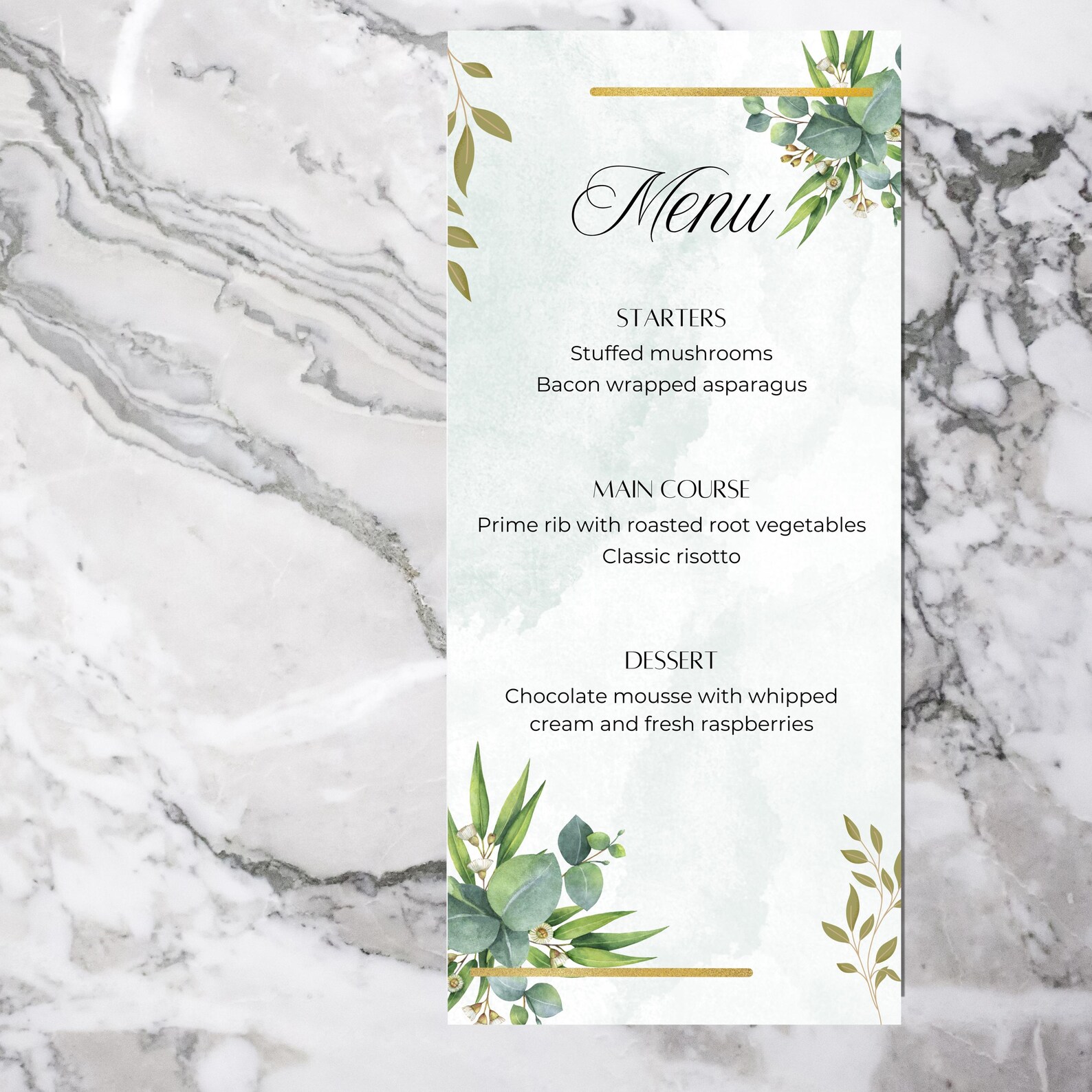 Printable and Editable Classic Green and Gold Floral Menu for Dinner ...