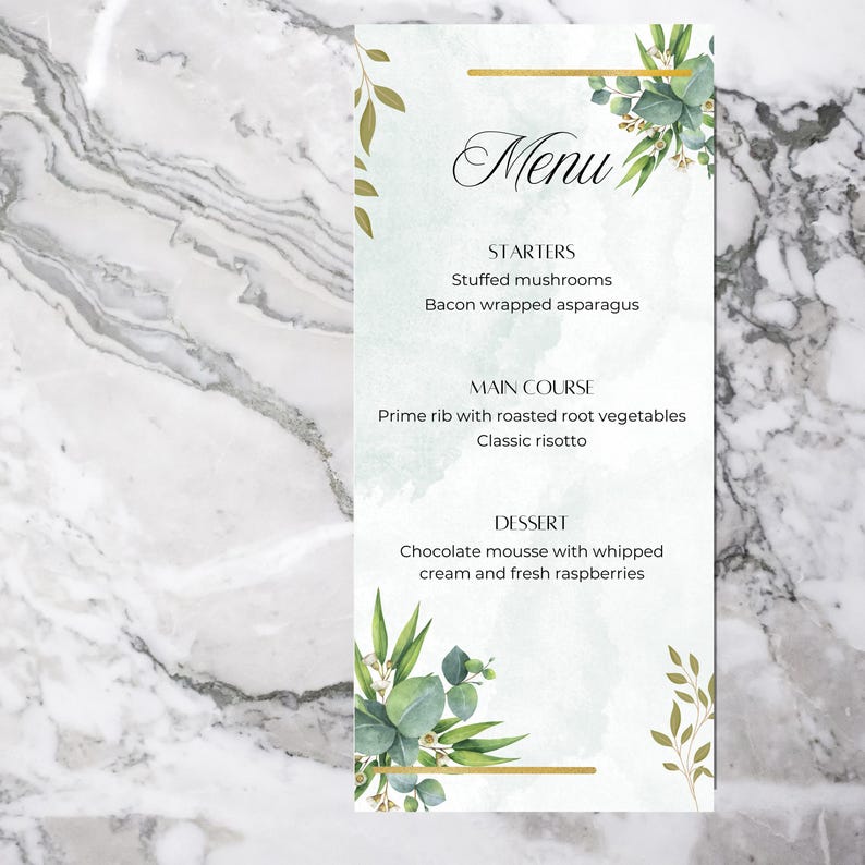 Printable and Editable Classic Green and Gold Floral Menu for Dinner ...
