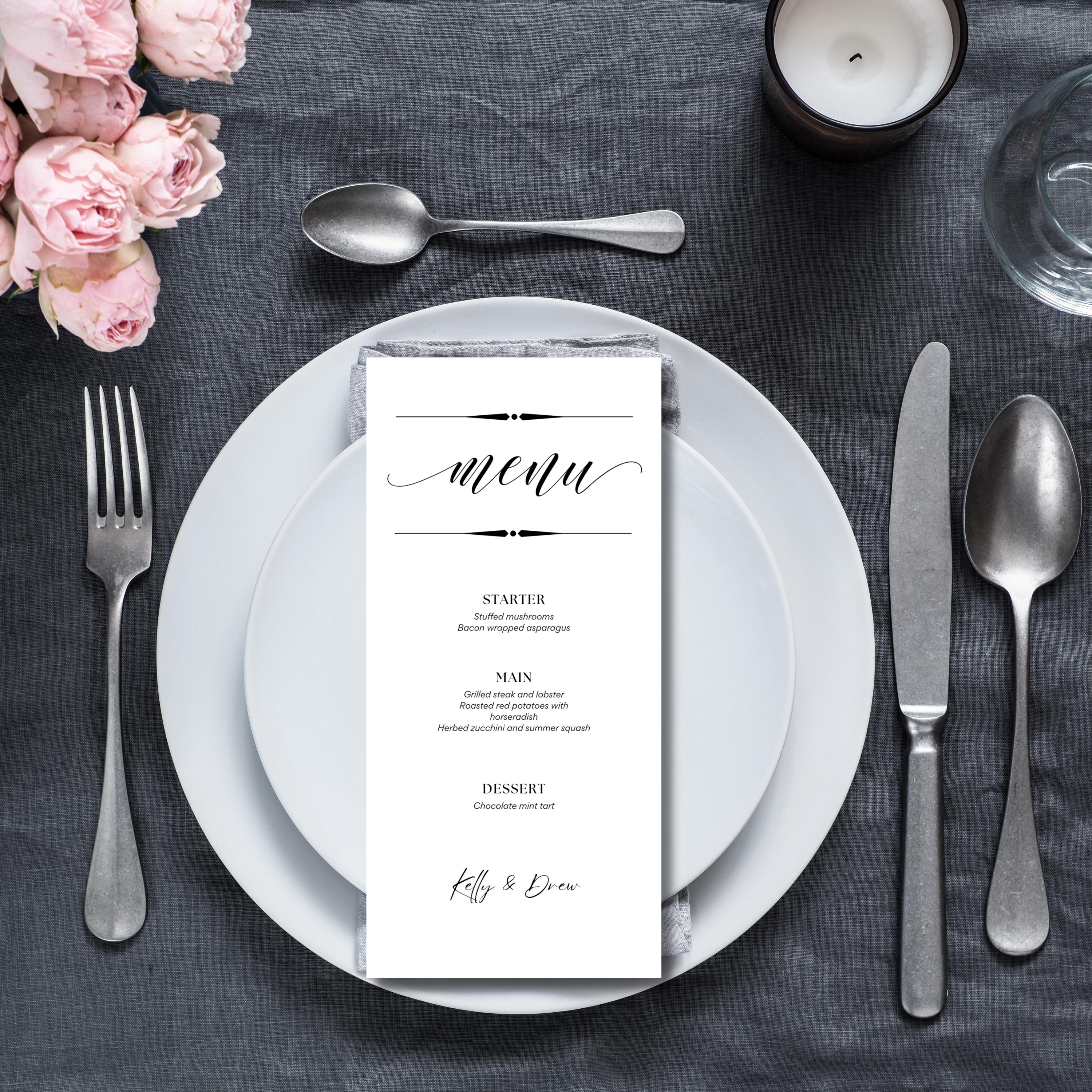 Editable Minimalist Event Menu for Weddings, Dinner Parties, Baby ...