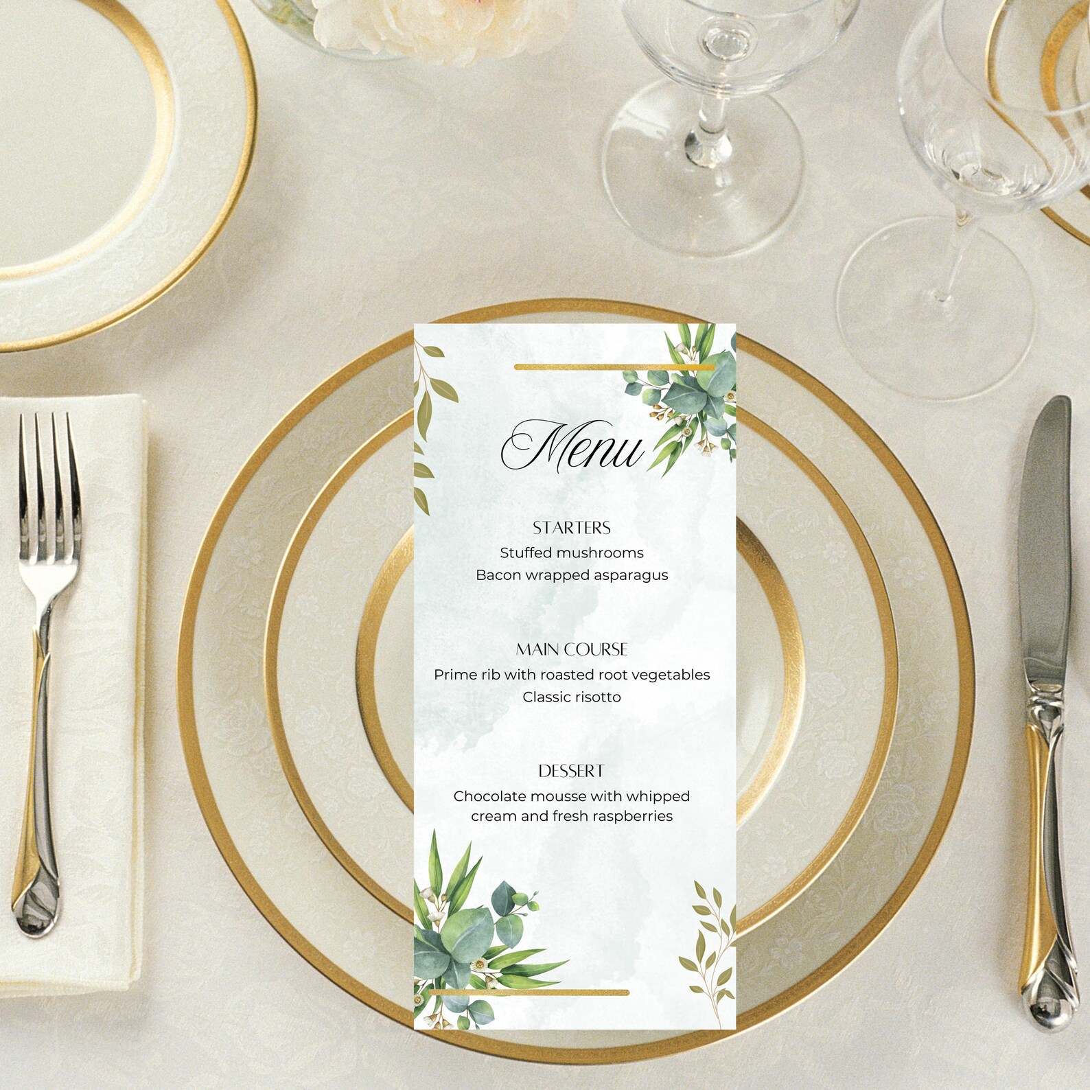 Printable and Editable Classic Green and Gold Floral Menu for Dinner ...