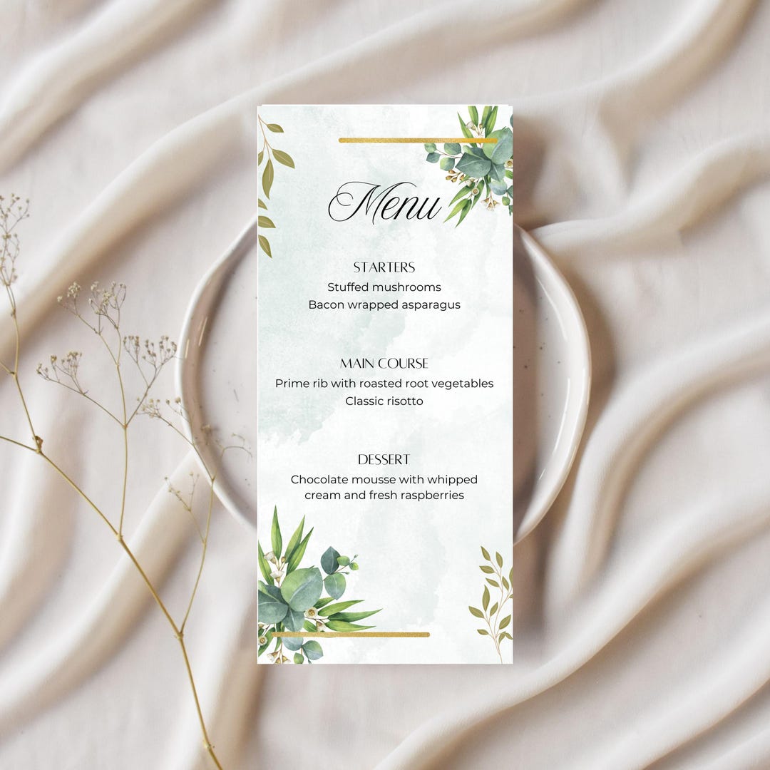 Printable and Editable Classic Green and Gold Floral Menu for Dinner ...