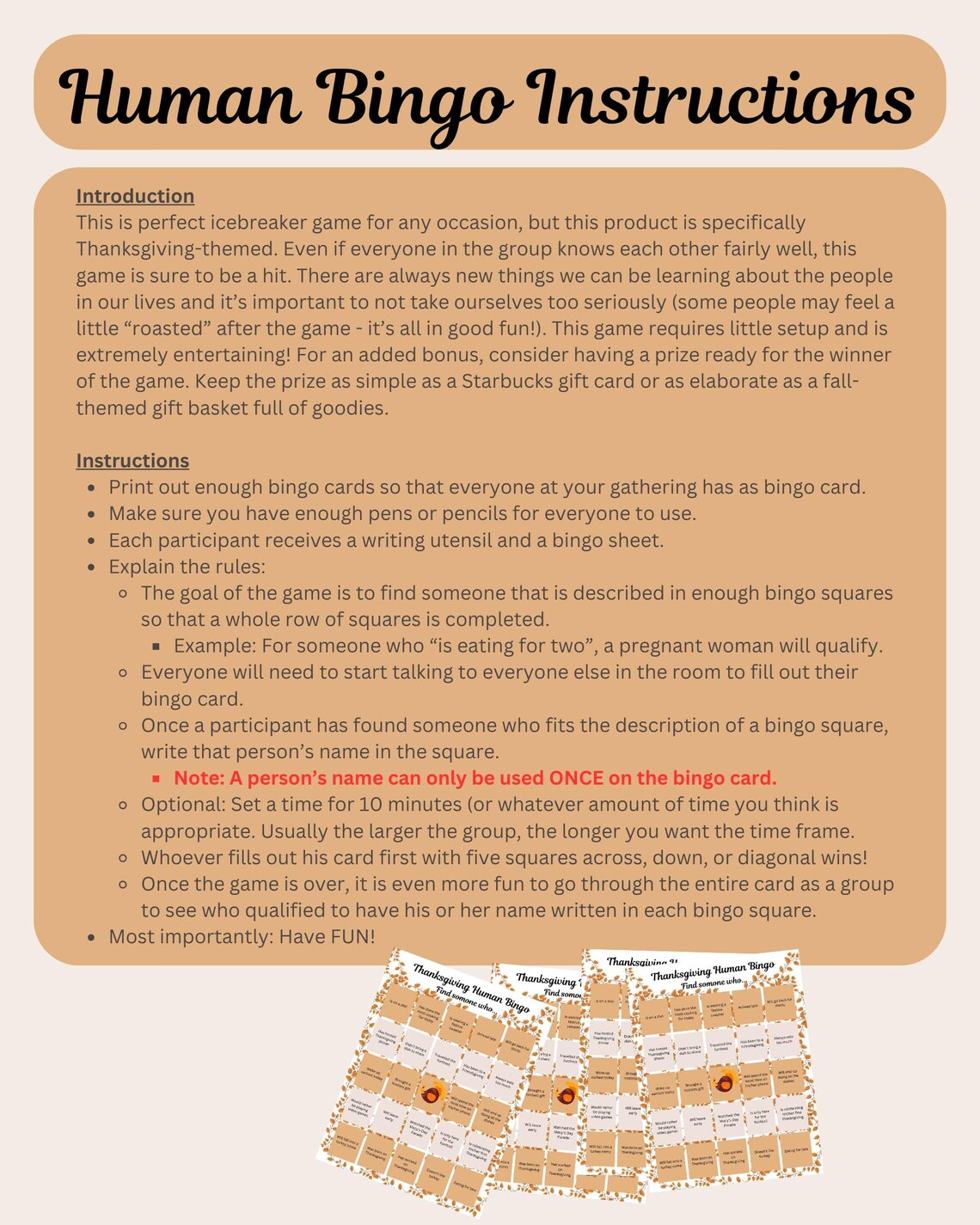 Thanksgiving Game - Fall-themed Human Bingo Icebreaker and Fun Group ...