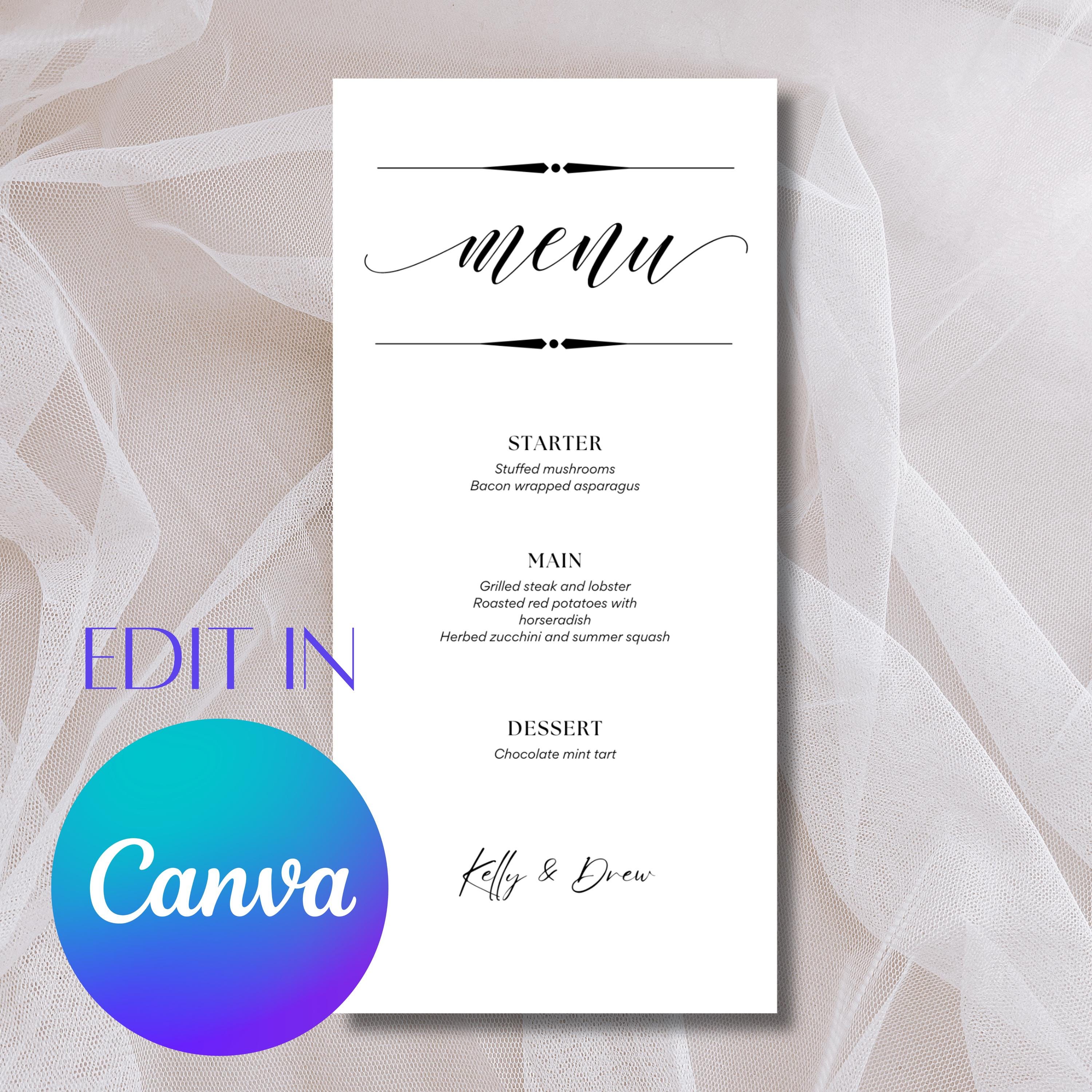 Editable Minimalist Event Menu for Weddings, Dinner Parties, Baby ...