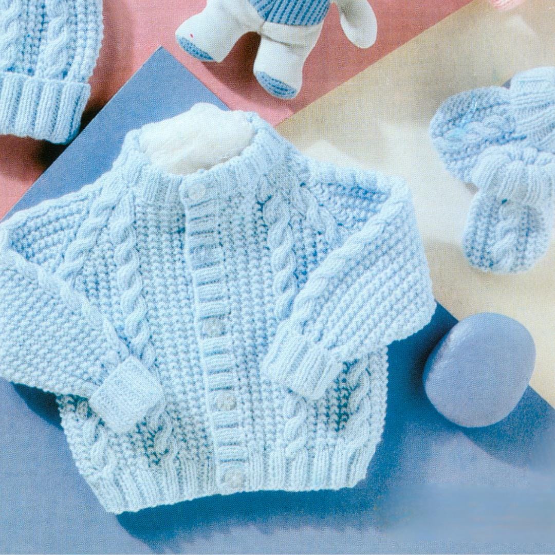 Cable Stitch Double Knit Cardigan, Hat and Mittens Knitting Pattern ...