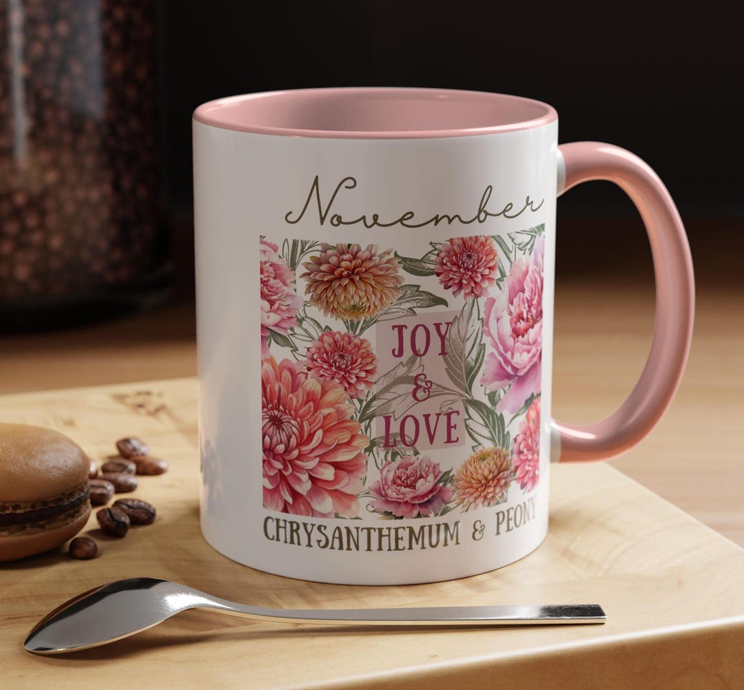 November Birth Flower Coffee Mug: Chrysanthemum & Peony Floral Design ...