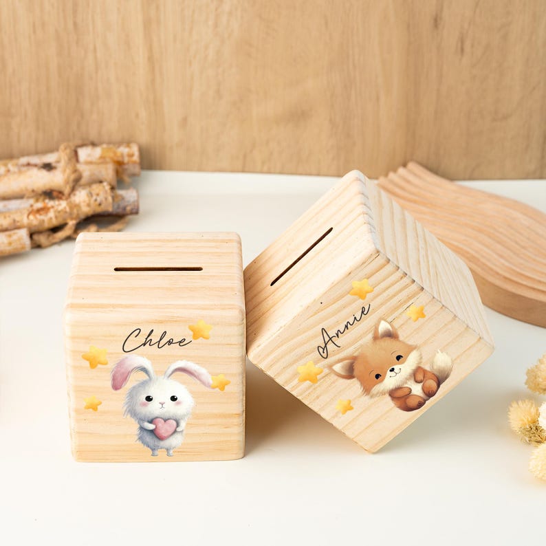 Personalized Wooden Animal Piggy Bank, Custom Name Money Box for Kids ...