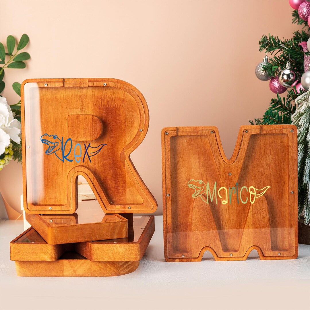 Personalized Wood Gift for Kids,dinosaur Name Wooden Piggy Bank,letter ...