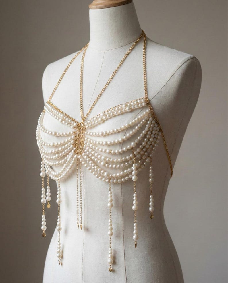 Handmade Pearl Body Chain Bralette for Festival Outfit With Gold Chain ...