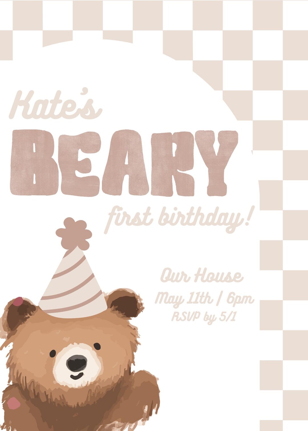 Beary First Birthday Invitation, Teddy Bear 1st Bday Invite for Baby ...