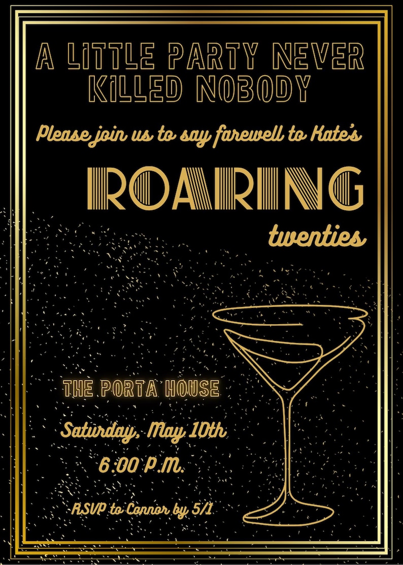 Roaring 20s Gold Birthday Invitation Template, Martini, Party, Gold ...