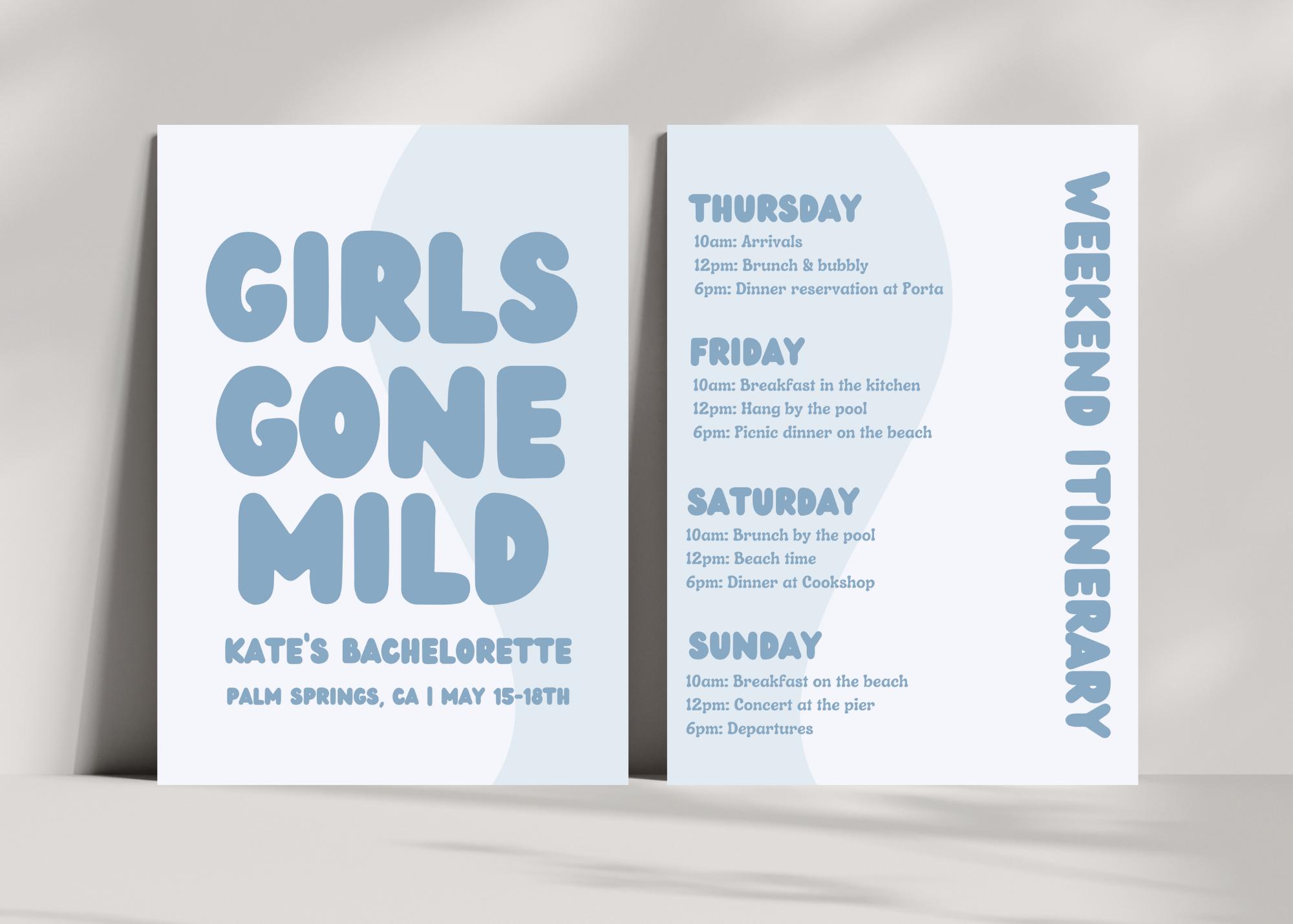 Girls Gone Mild Spa Bachelorette Invite, Birthday Weekend, Schedule ...