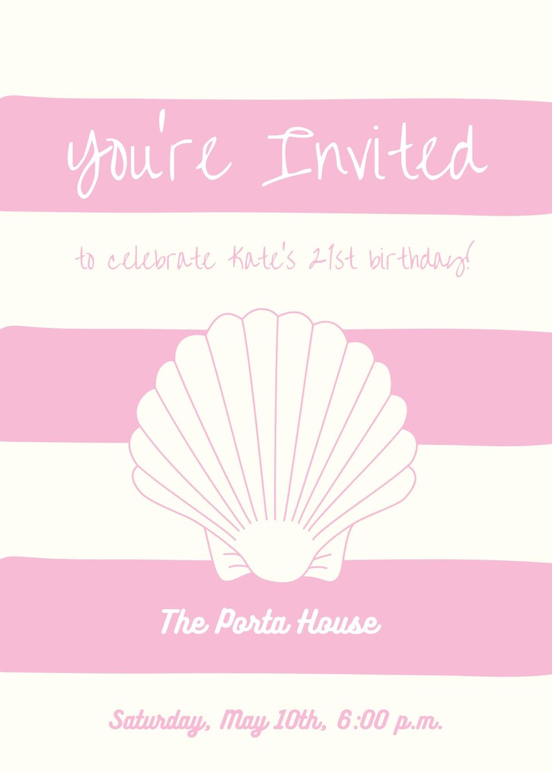 Beachy Birthday Invitation Template Pink Striped, Shell, Beach Party ...