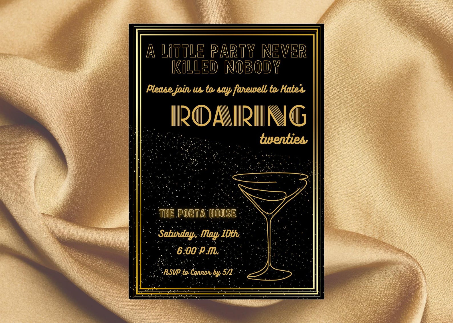 Roaring 20s Gold Birthday Invitation Template, Martini, Party, Gold ...