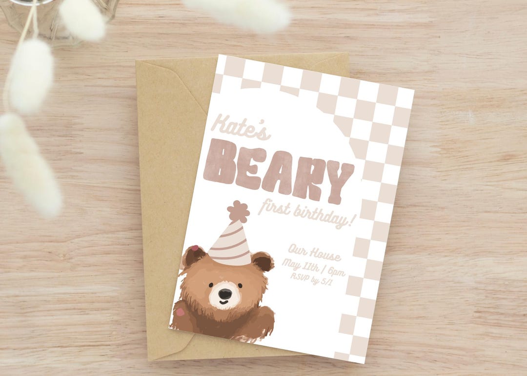 Beary First Birthday Invitation, Teddy Bear 1st Bday Invite for Baby ...