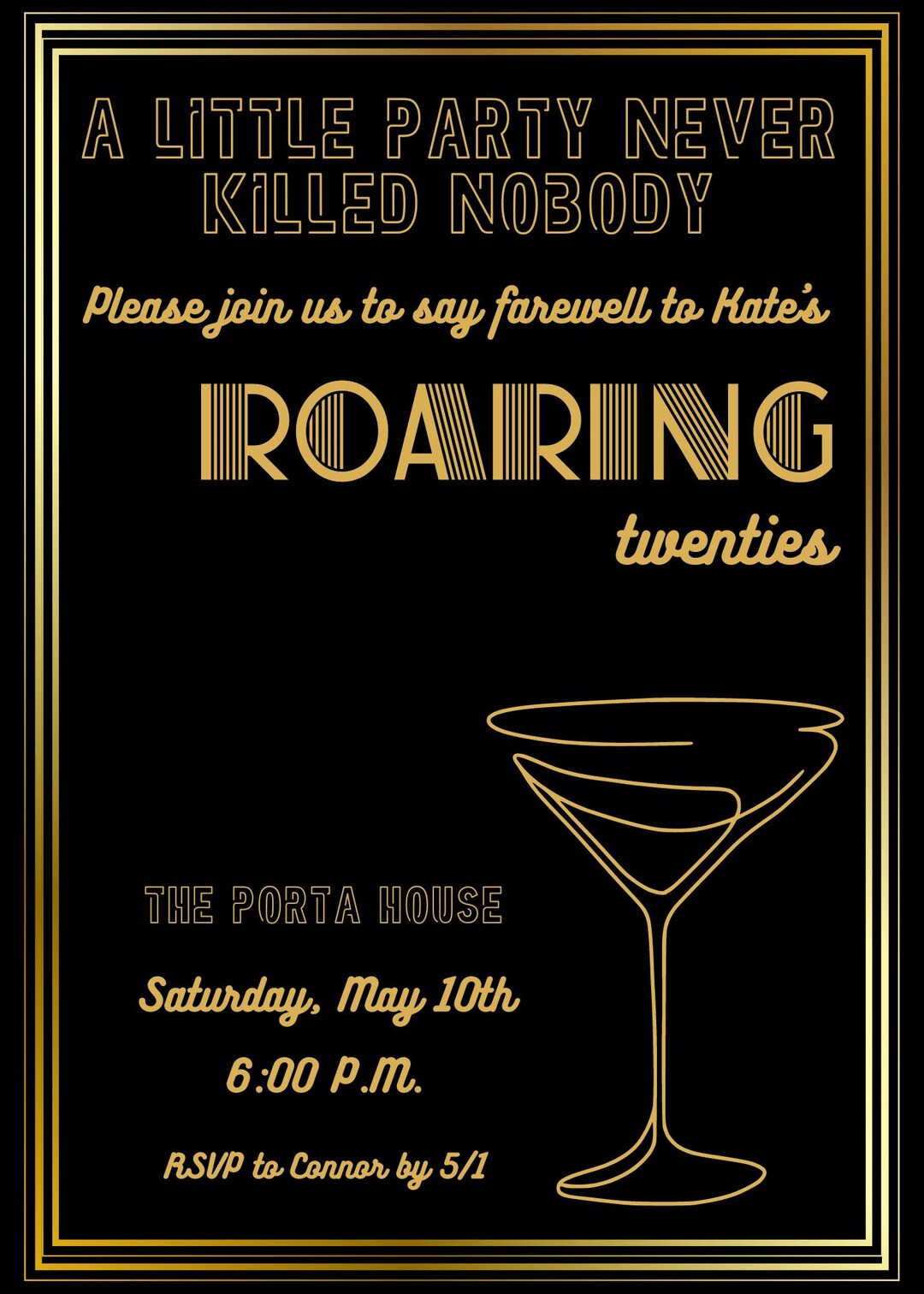 Roaring 20s Gold Birthday Invitation Template, Martini, Party, Gold ...