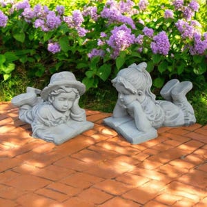 Two Kids Reading Books Statue, Cement Backyard Figurine, Outdoor ...