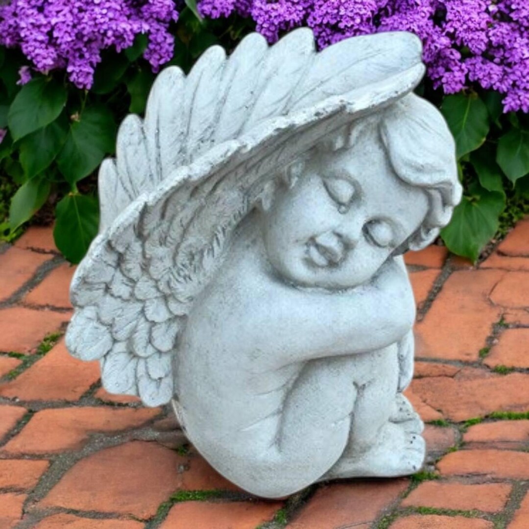 Sitting Angel Hugging Knees, Detailed Cherub Statuary, Outdoor Small ...