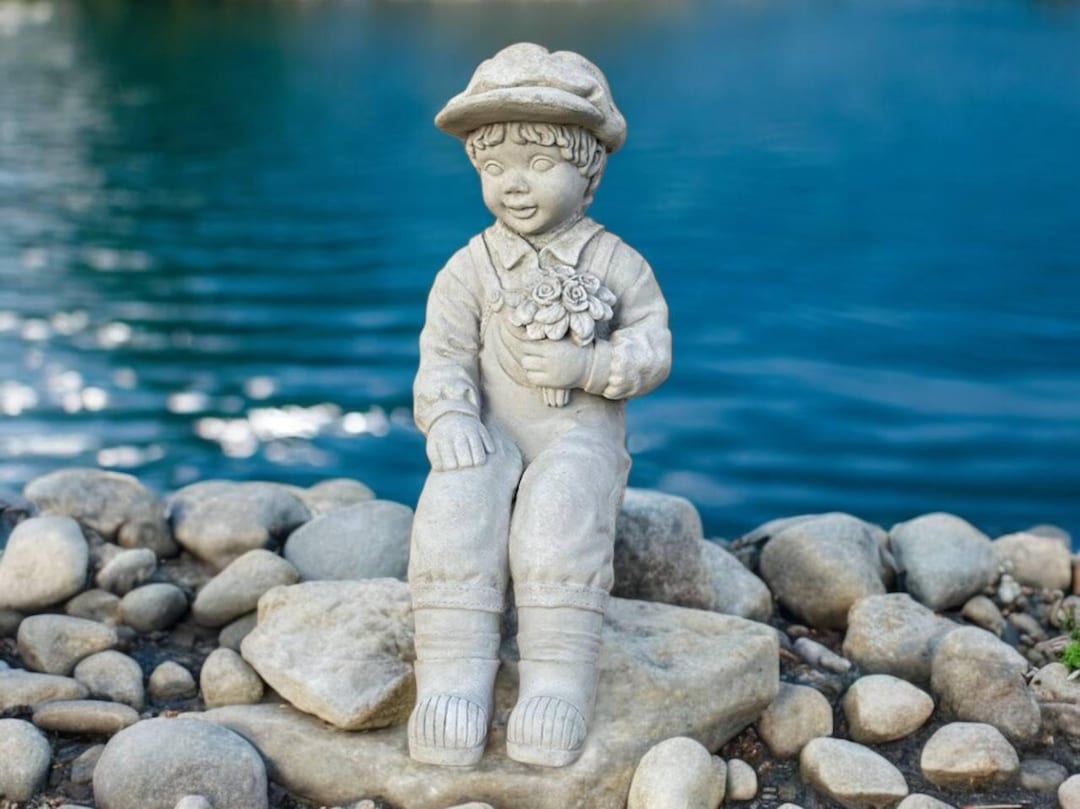 Sitting Boy Stone Statue, Massive Detailed Boy Holding Flower, Concrete ...