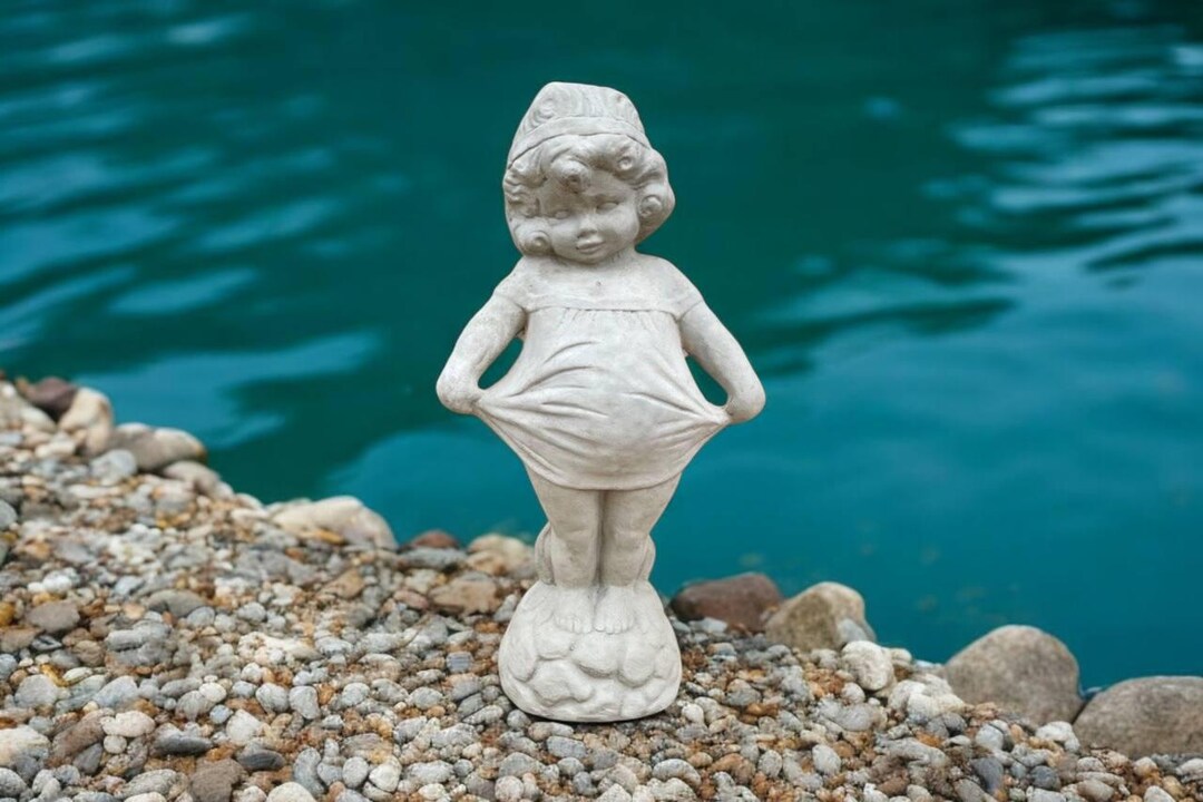 Cute Girl Statue, Beautiful Girl Standing on Rock Figurine, Cement ...
