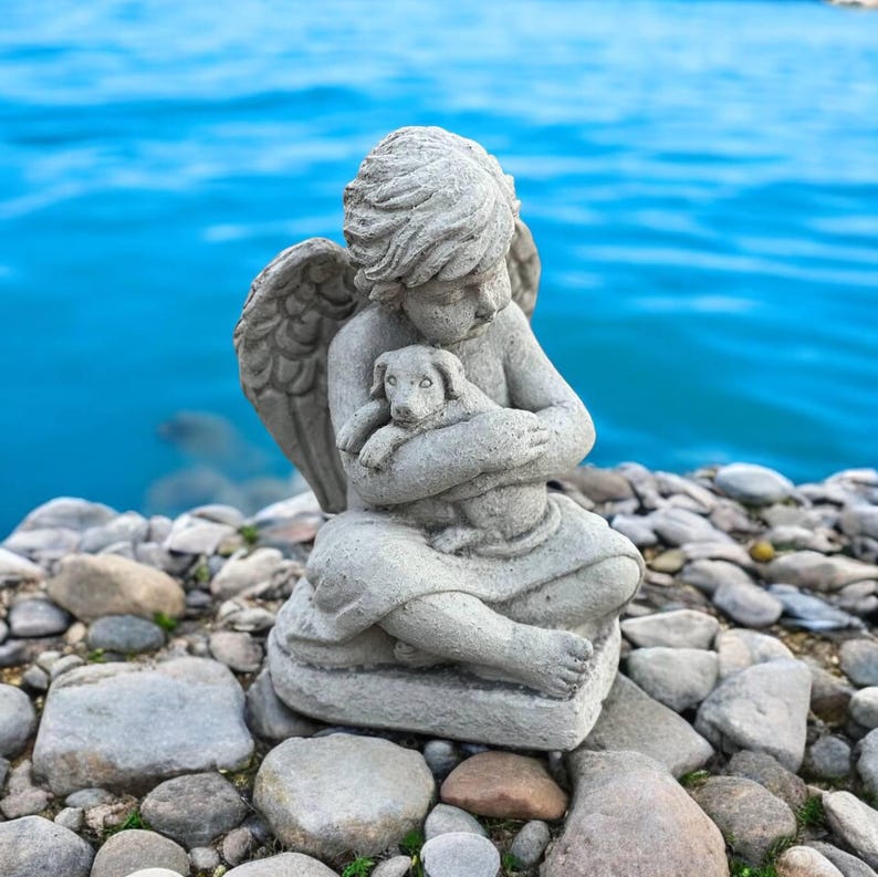 Concrete Angel Statue, Sitting Cherub, Detailed Angel With Dog Figurine ...