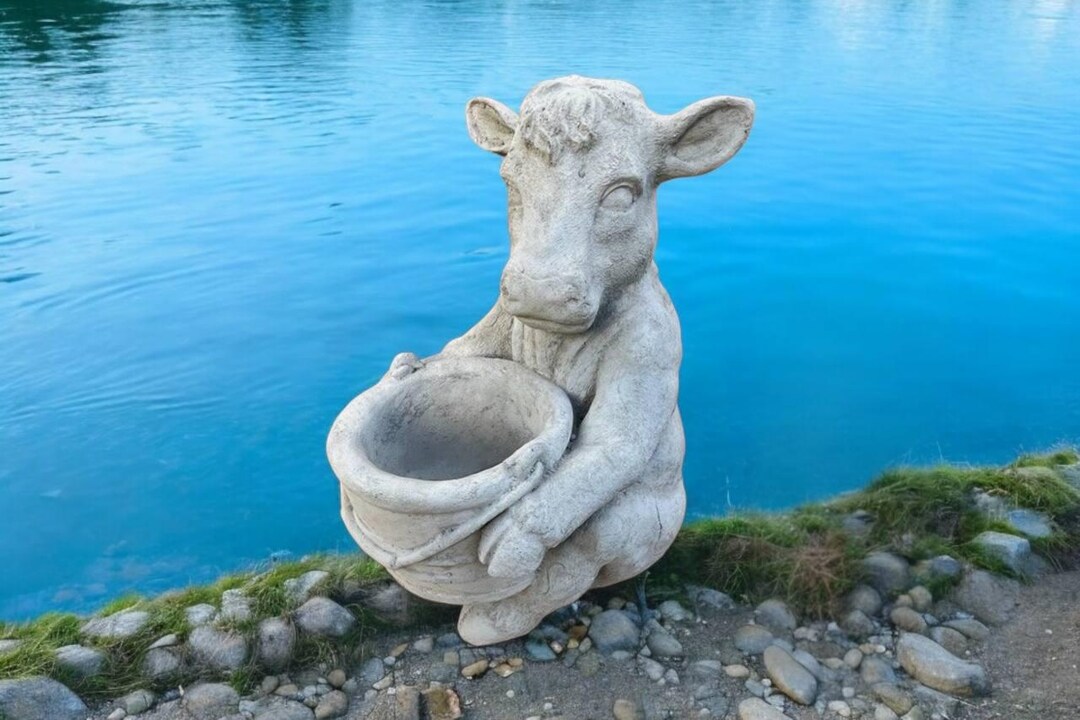 Concrete Cow Planter Sculpture, Detailed Sitting Cow Holding Flowers ...