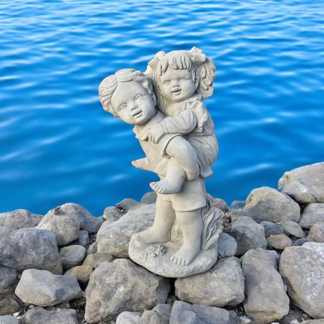 Large Piggy Back Kids Figurine, Standing Children Statue, Concrete Boy ...