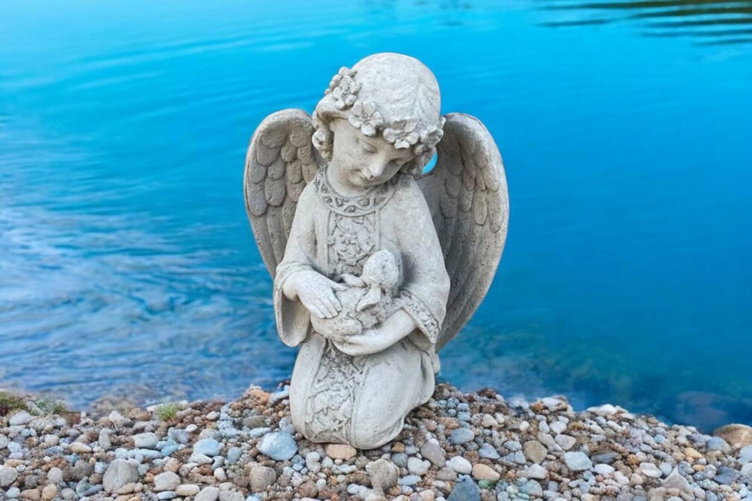 Kneeling Cherub With Bunny Statue, Angel Holding Rabbit Figurine ...