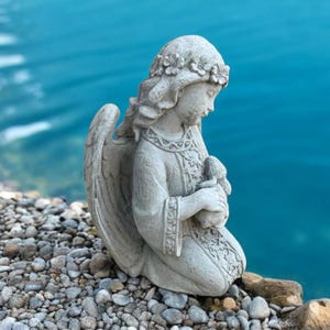 Kneeling Cherub With Bunny Statue, Angel Holding Rabbit Figurine ...