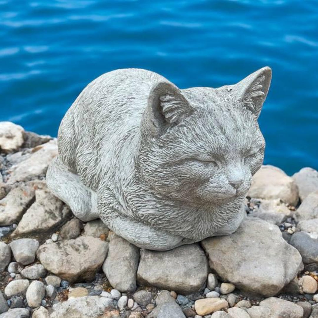 Crouching Cat Figure, Stone Kitten Sculpture, Detailed Cat Figurine ...