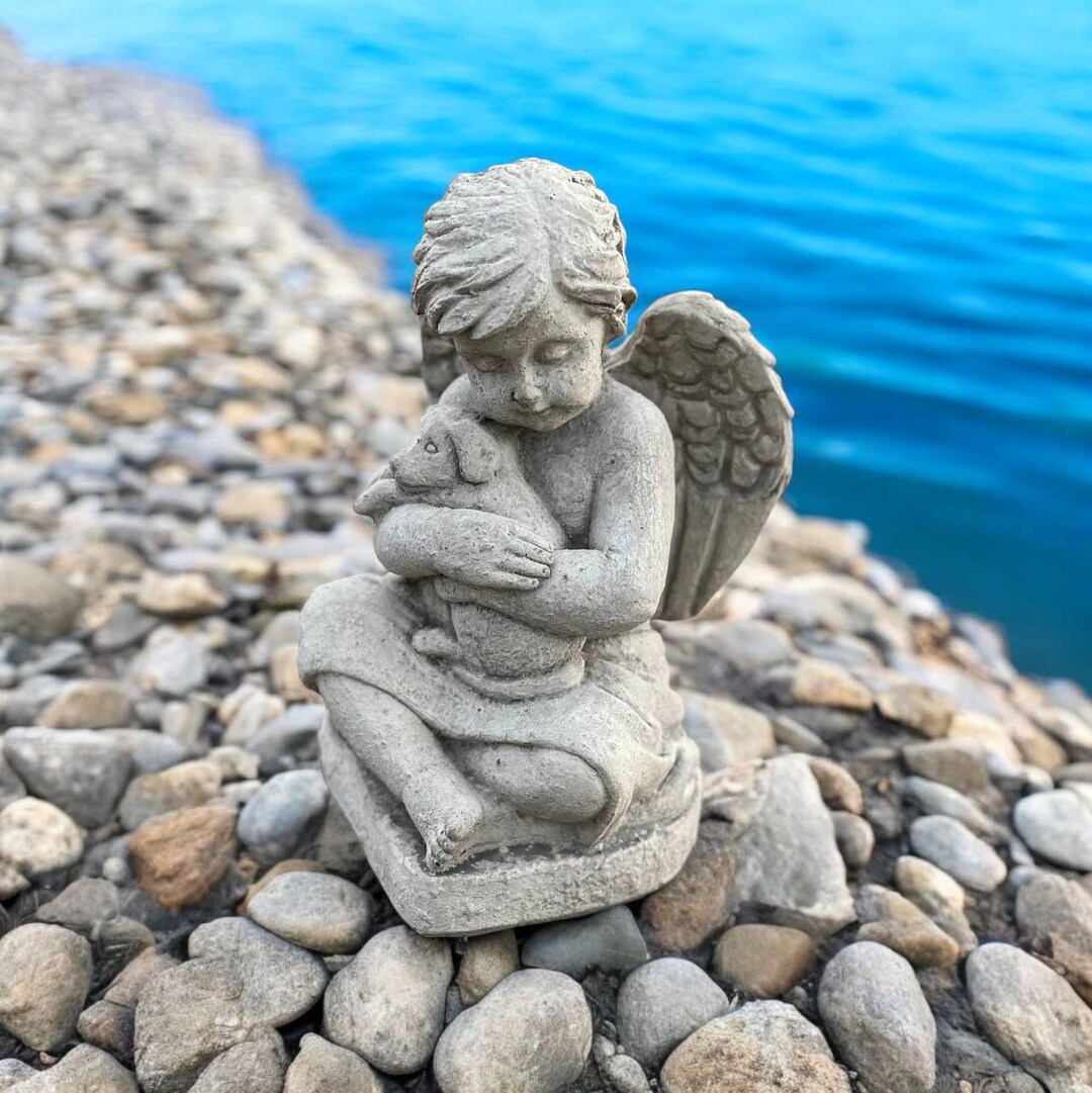 Concrete Angel Statue, Sitting Cherub, Detailed Angel With Dog Figurine ...
