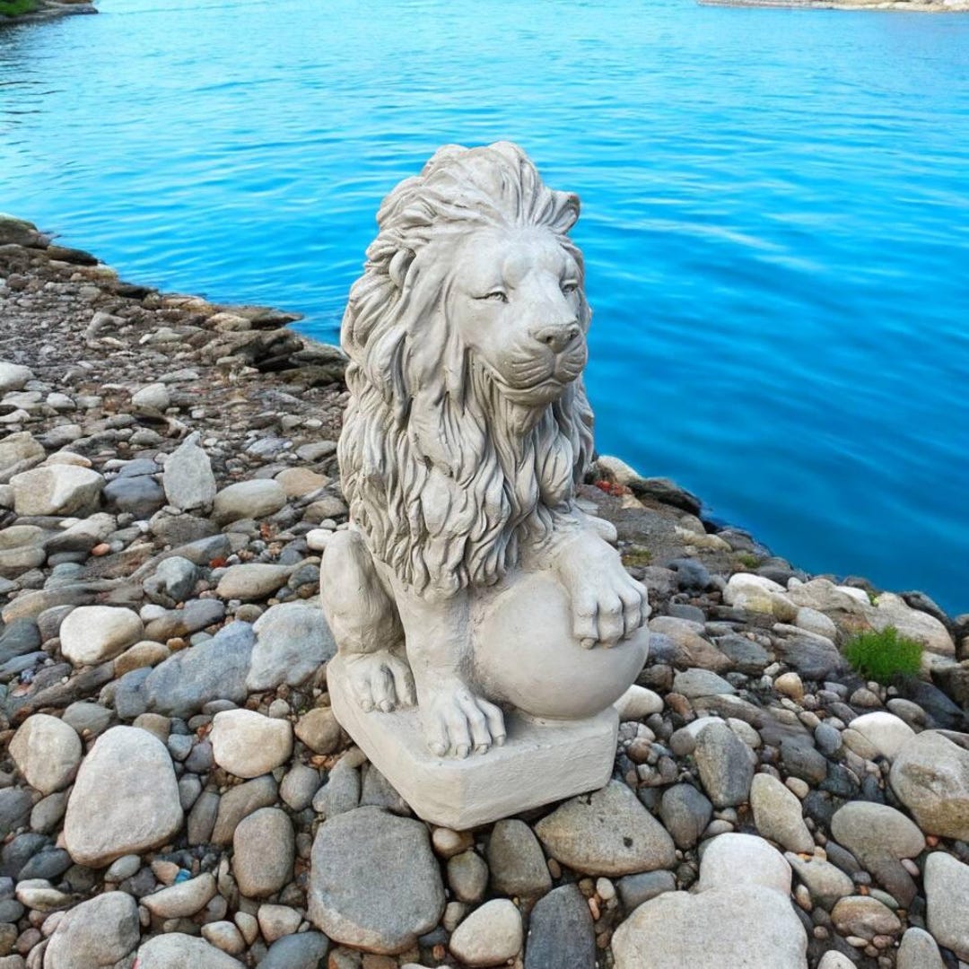 Large Lion on Post Figure, Stone Entrance Lion Figurine, Massive ...