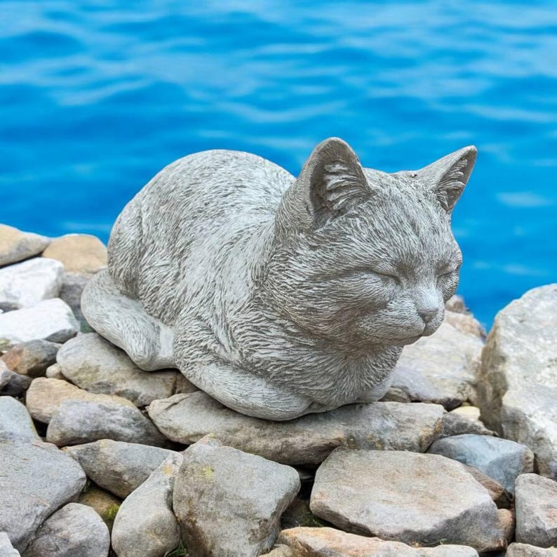 Crouching Cat Figure, Stone Kitten Sculpture, Detailed Cat Figurine ...