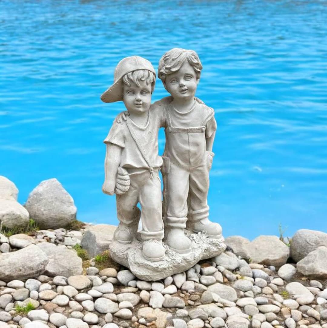 Concrete Two Boys Statue, Kids With Baseball Garden Figure, Outdoor ...