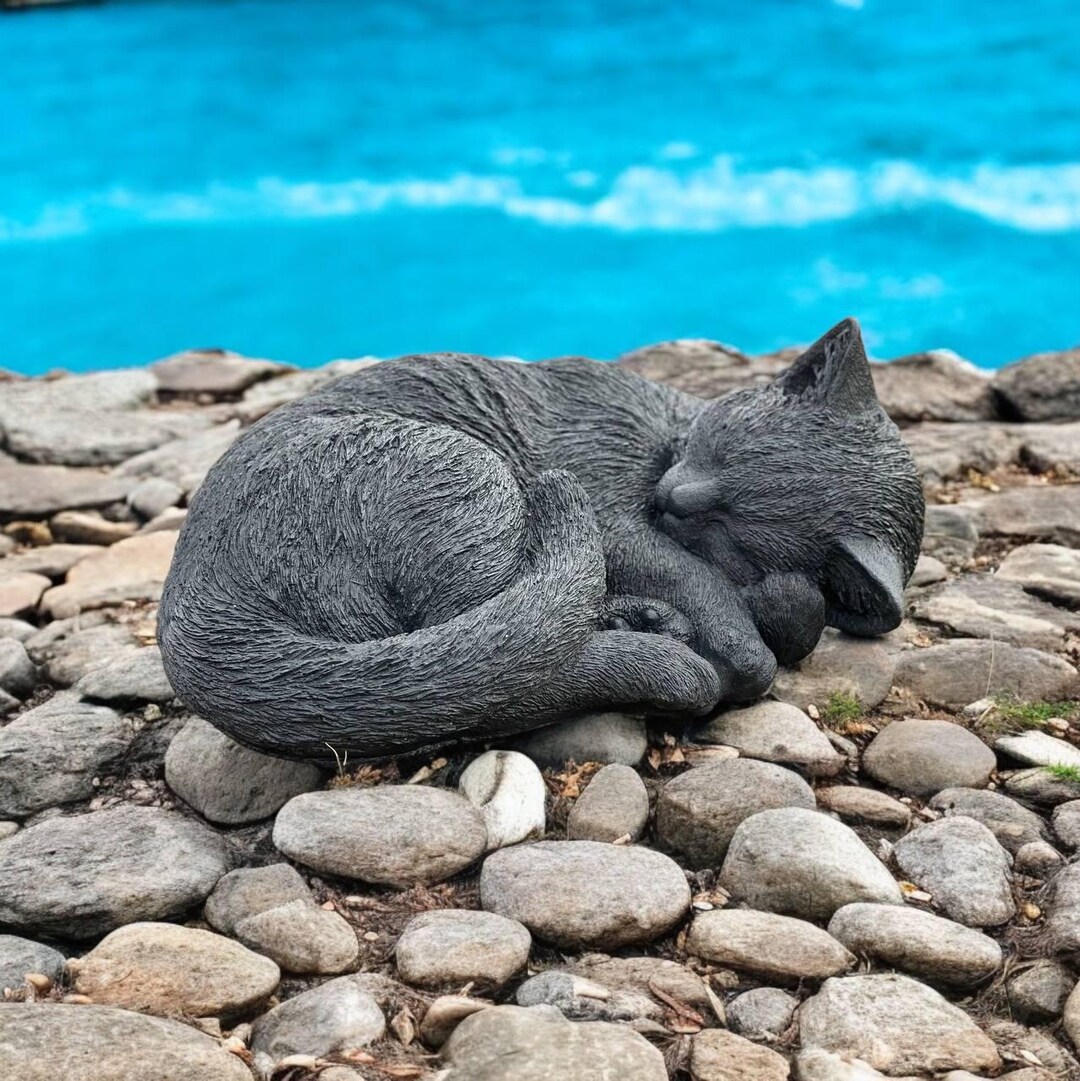 Large Cat Statue, Crouching Kitten Figurine, Sleeping Cat Memorial ...