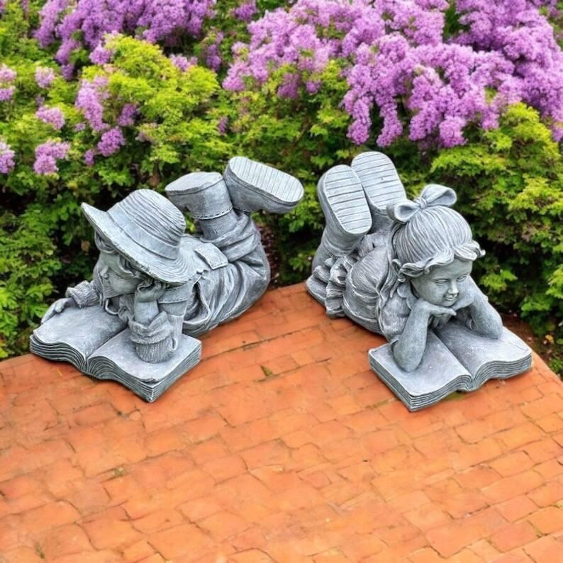 Two Kids Reading Books Statue, Cement Backyard Figurine, Outdoor ...