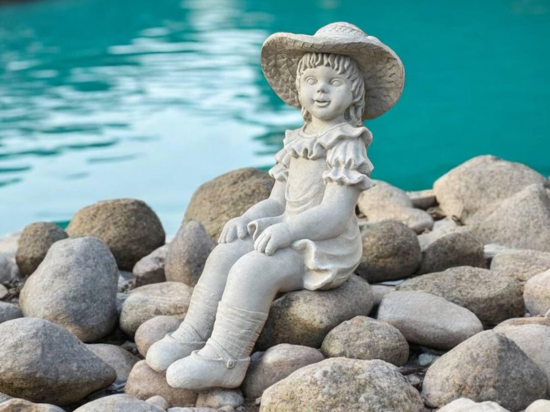 Sitting Girl Concrete Figure, Detailed Sitting Kid Sculpture, Cement ...