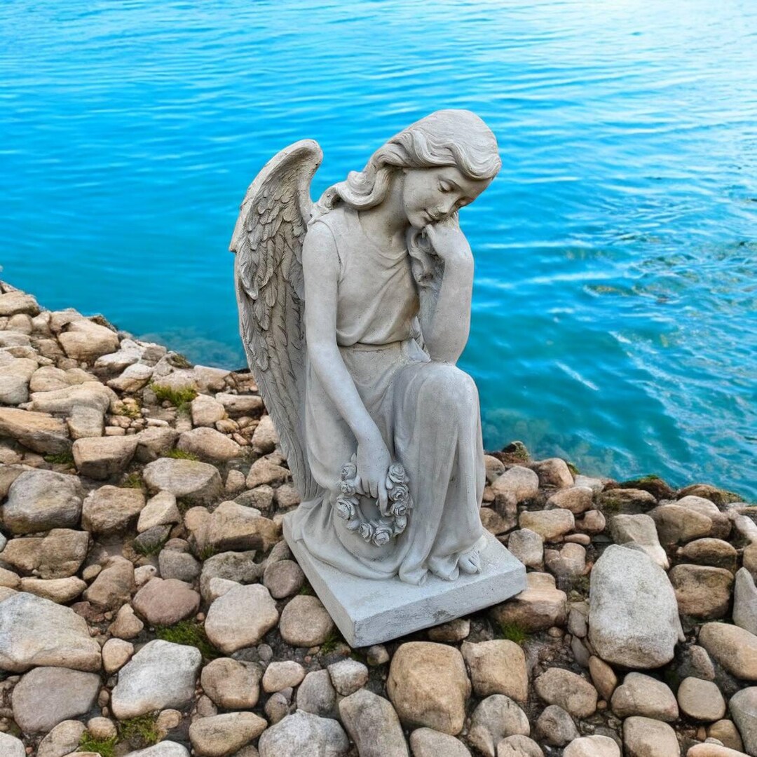 Large Kneeling Angel on Base Sculpture, Concrete Cherub Figure, Massive ...