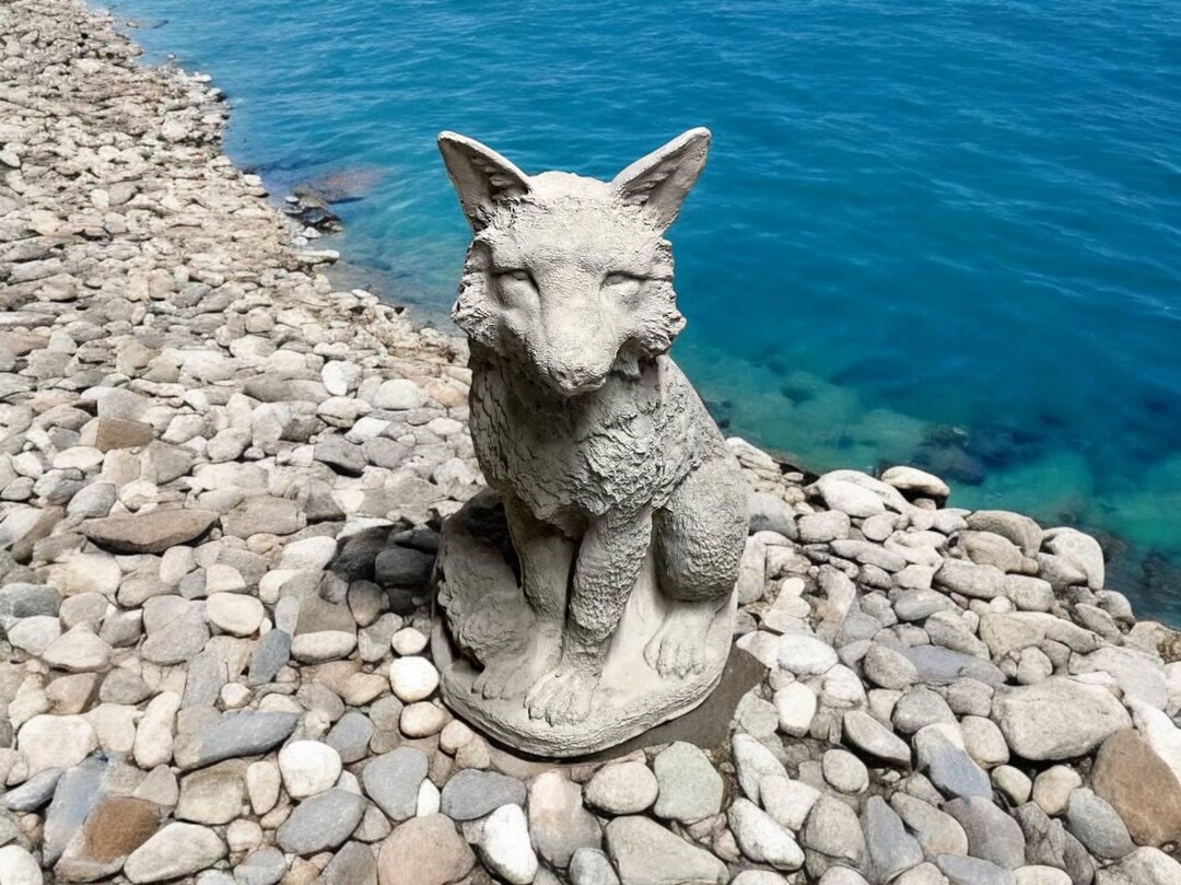 Large Fox Sitting on Base Figure, Cement Fox Statue, Stone Garden ...