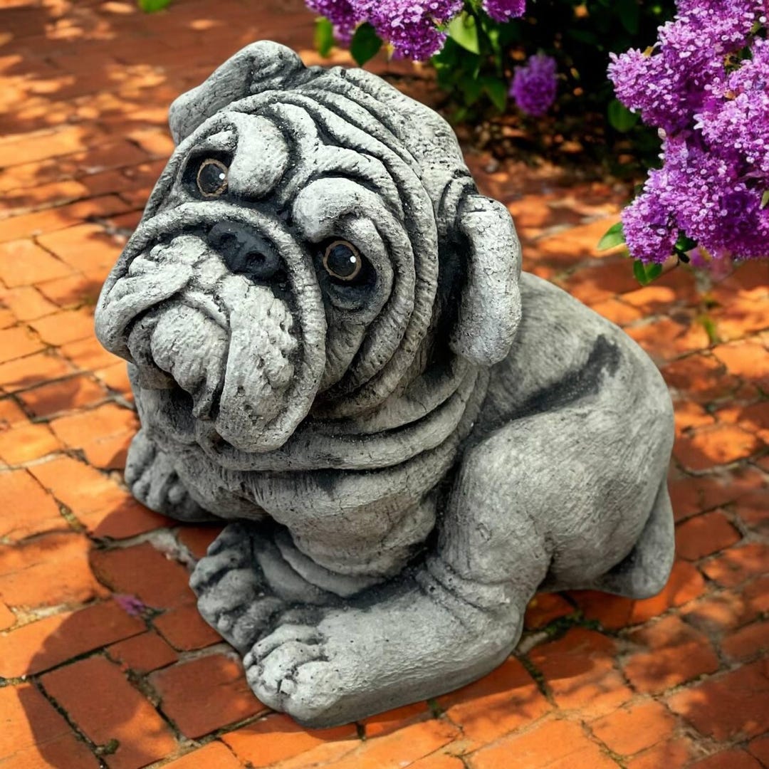 Sitting Painted Bulldog Figure, Concrete Bulldog Puppy on Base Figurine ...