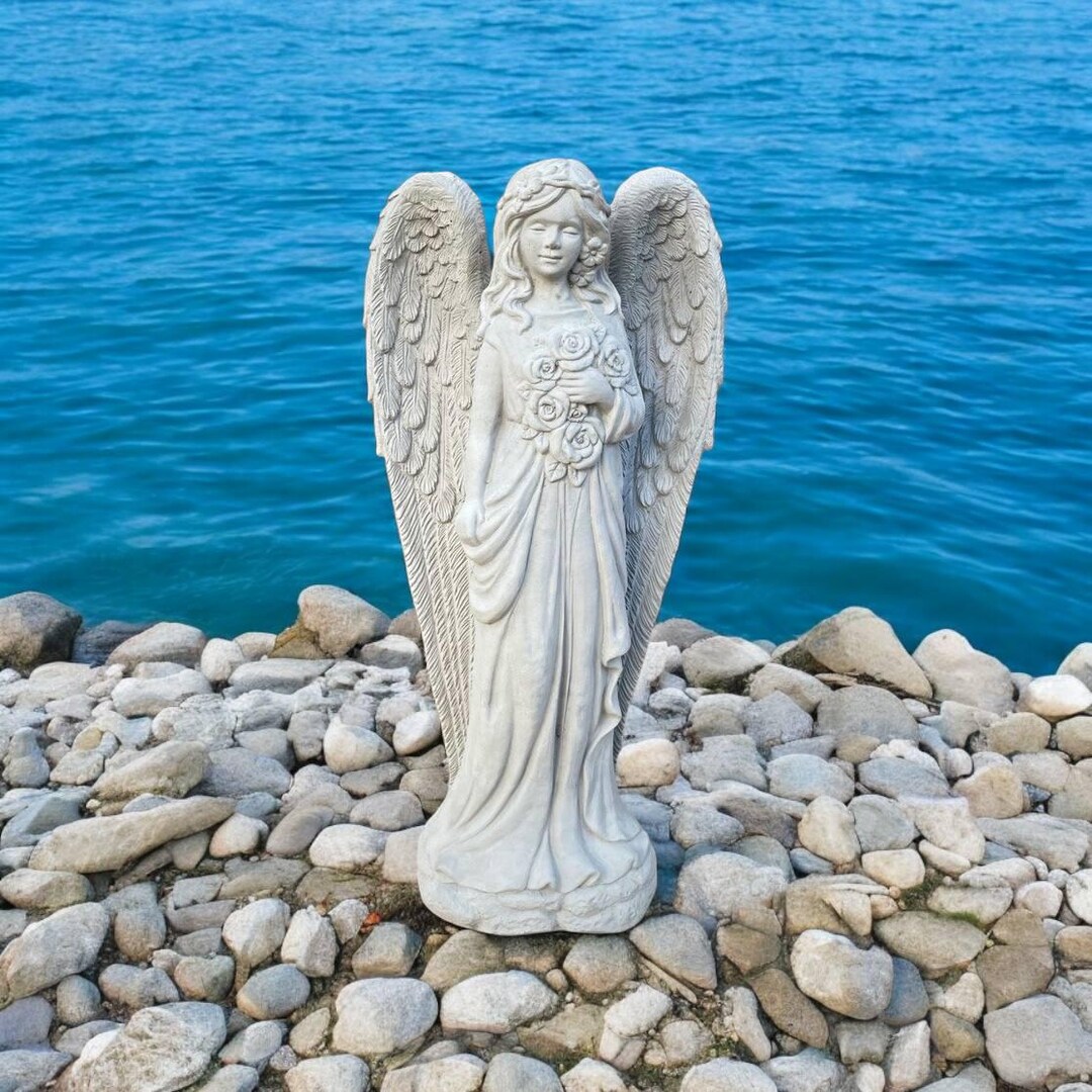 Flowers Girl Standing Statue, Concrete Angel Sculpture, Outdoor Yard ...