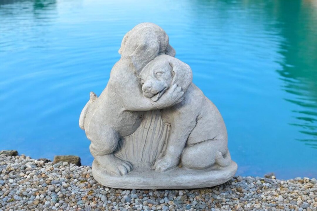Playful Puppies Statue, Two Dogs Figure, Concrete Puppies on Base ...