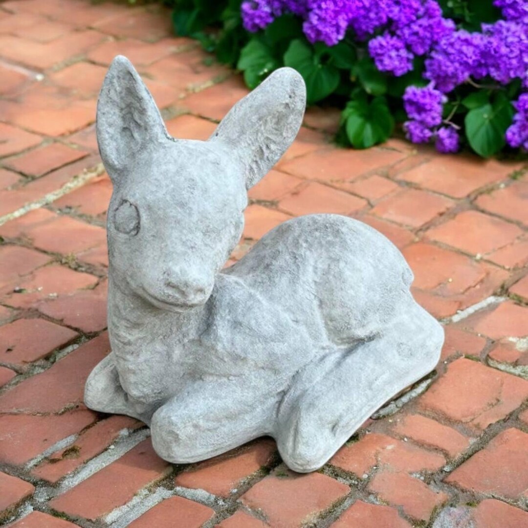 Laying Fawn Stone Statue, Concrete Deer Garden Figurine, Outdoor Cement ...