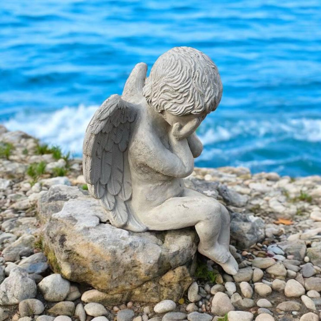 Weeping Cherub Garden Figure, Angel Hiding Face Sculpture, Faceless ...