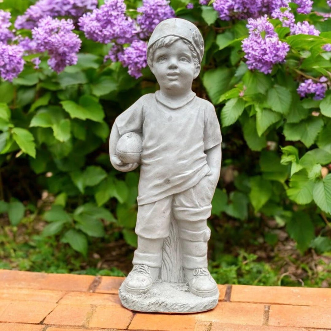Football Boy Sculpture, Cement Kid With Ball, Standing Boy Statuary ...