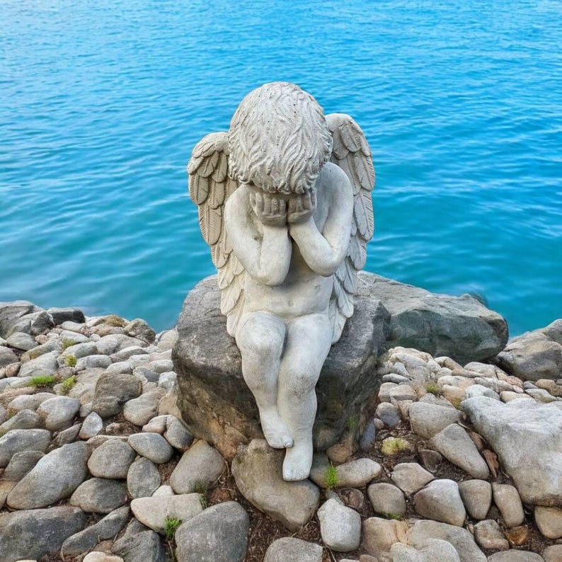 Weeping Cherub Garden Figure, Angel Hiding Face Sculpture, Faceless ...