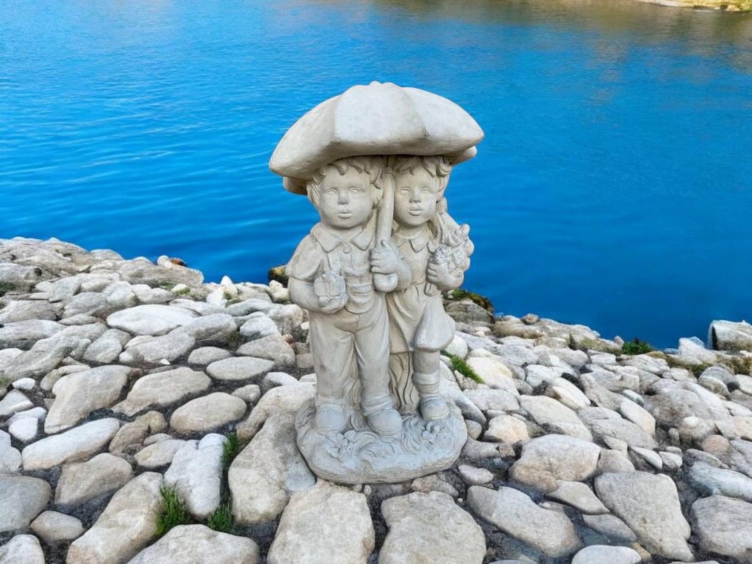 Boy and Girl Under Umbrella Statue, Concrete Kids Figurine, Massive ...