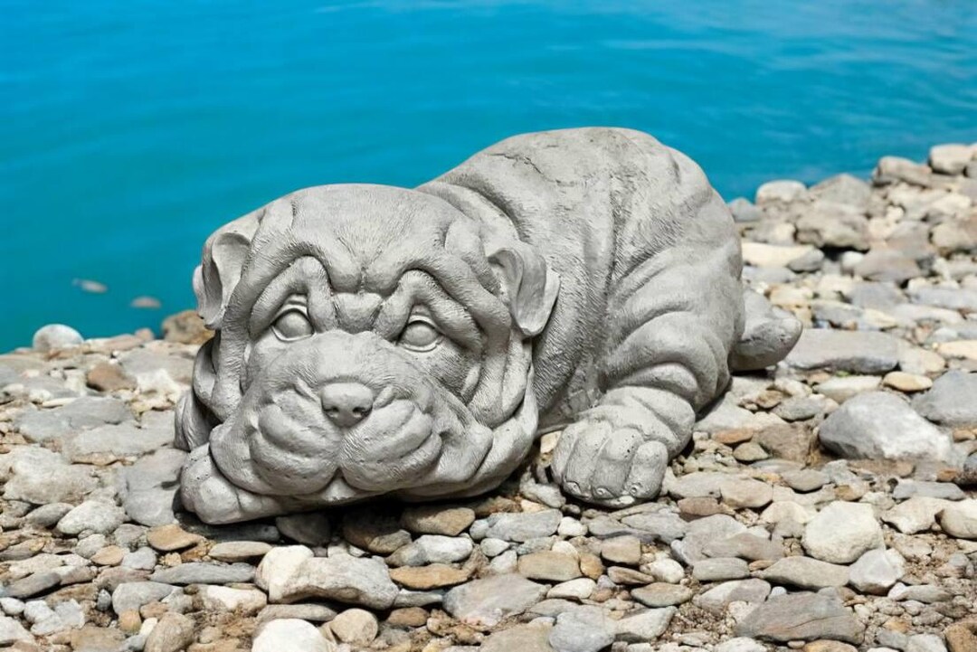 Wrinkled Laying Puppy Statue, Cement Dog Sleeping Figure, Realistic ...